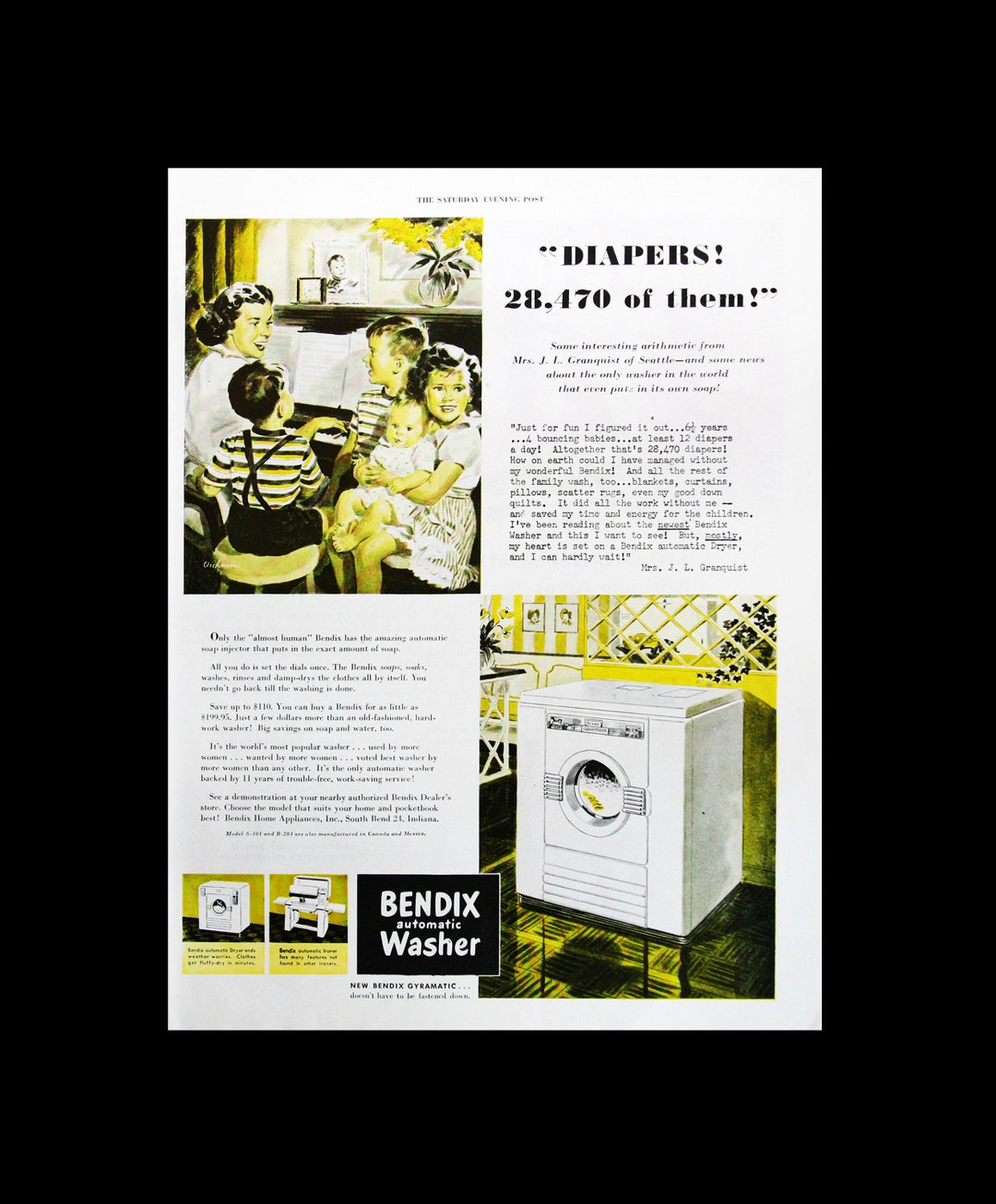 1948 Retro Bendix Automatic Washer Magazine Ad, Wringer Washer, Washing ...
