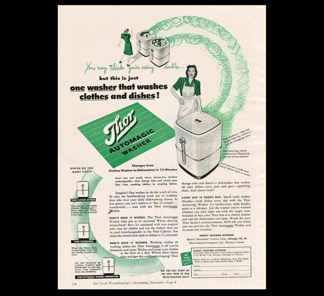 1945 Thor Automagic Washer Magazine Ad, Washing Machine, Green Decor - Etsy