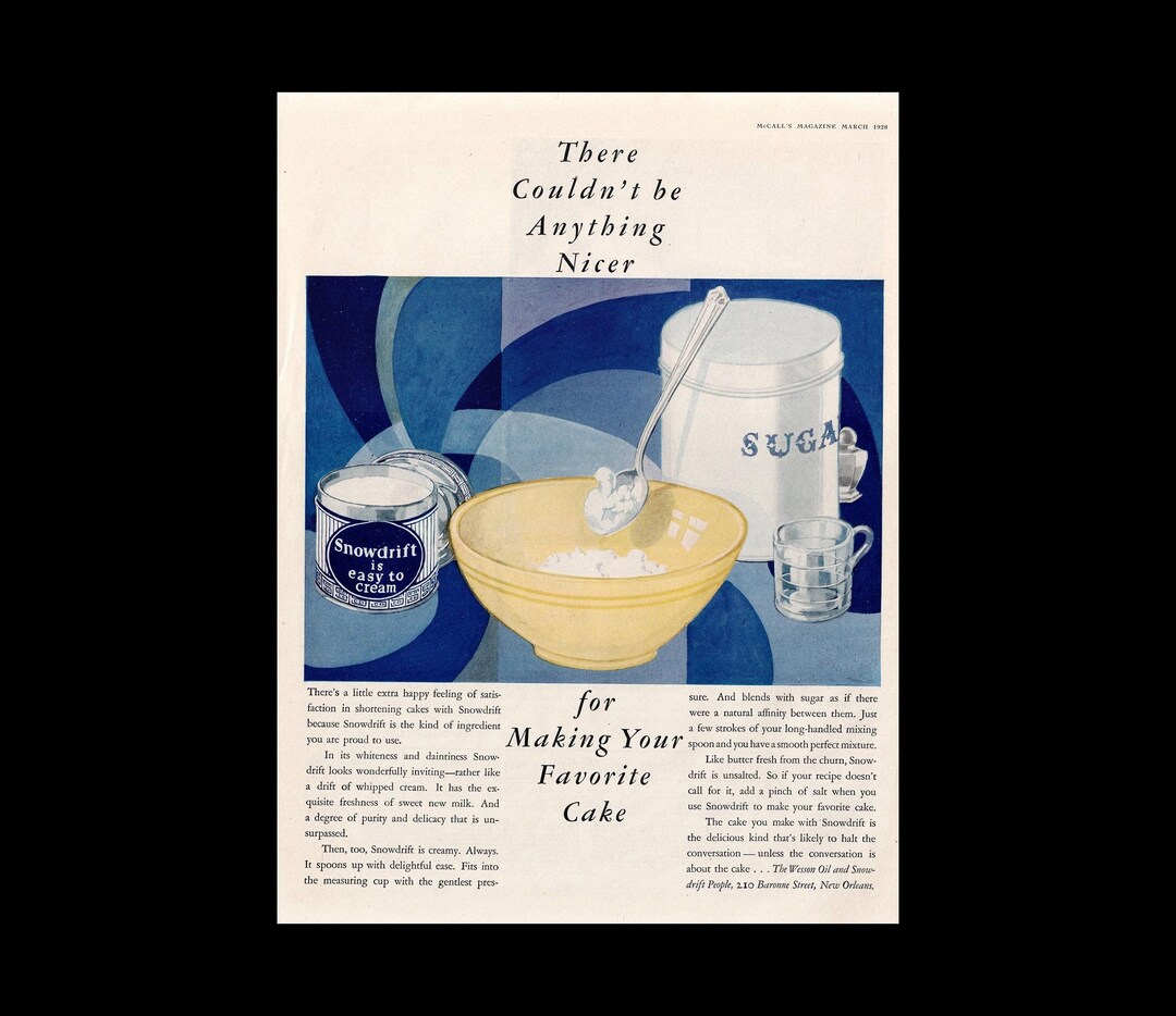 1928 Snowdrift Shortening Magazine Ad: Baking Cooking Kitchen Decor ...