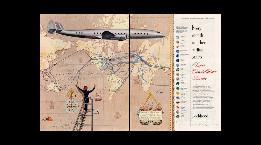 1955 Lockheed Super Constellation Airlines Map Routes Magazine Ad - Etsy
