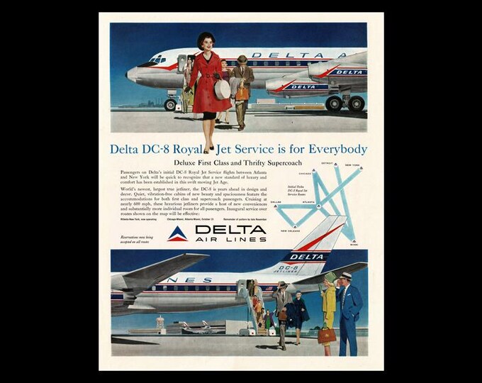 1959 Delta Air Lines DC-8 Jet Travel Magazine Ad Airline Aviation Decor ...