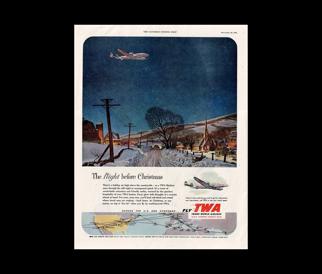 1952 TWA Christmas Holiday Magazine Ad, Trans World Airlines Skyliner ...