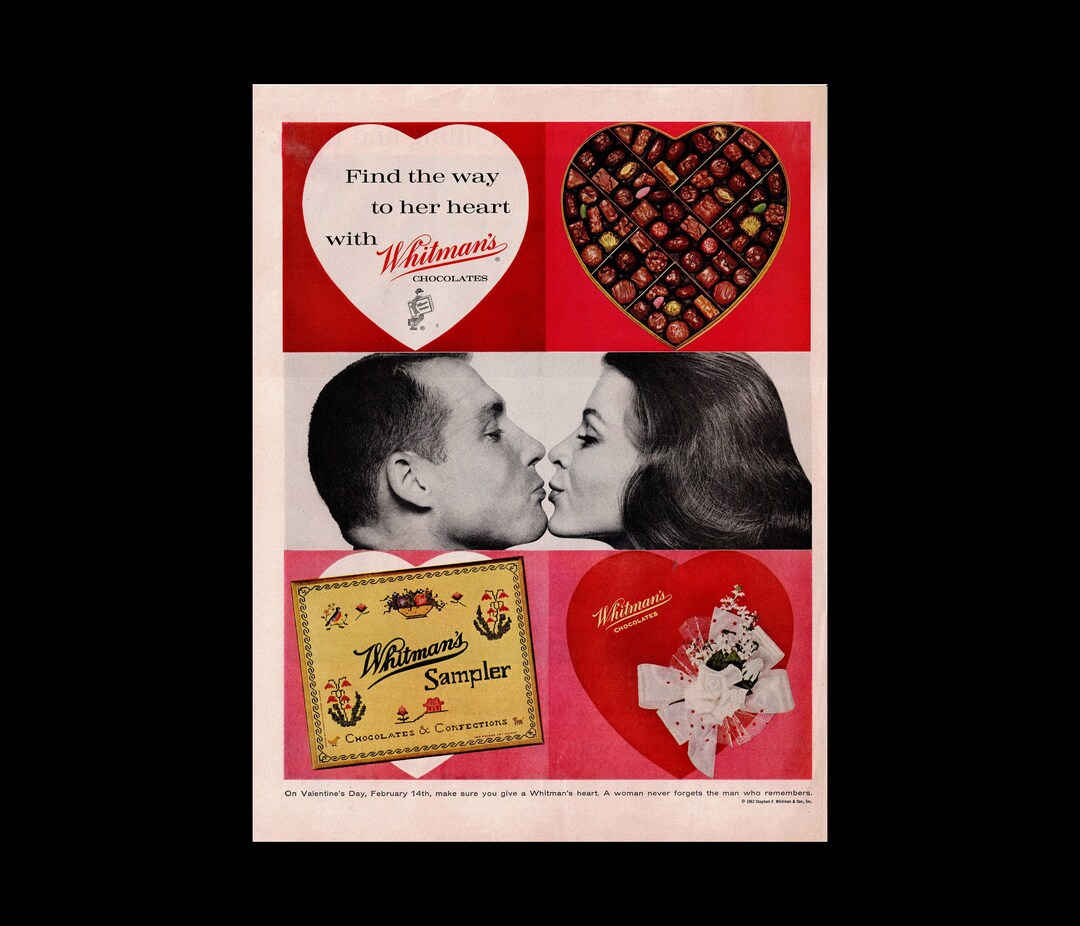 1962 Whitman's Sampler Candy Heart Magazine Ad, Romantic Kissing Art ...