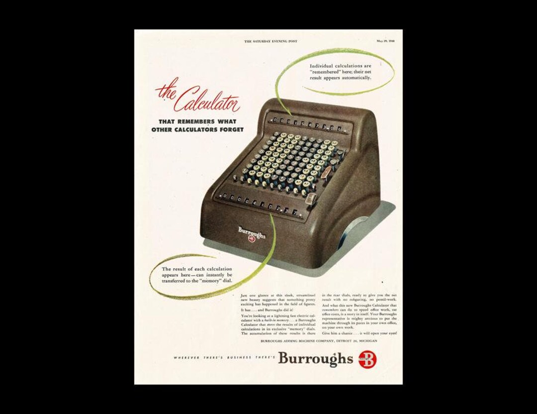 1948 Burroughs Calculator Magazine Ad, Adding Machine Vintage Office ...