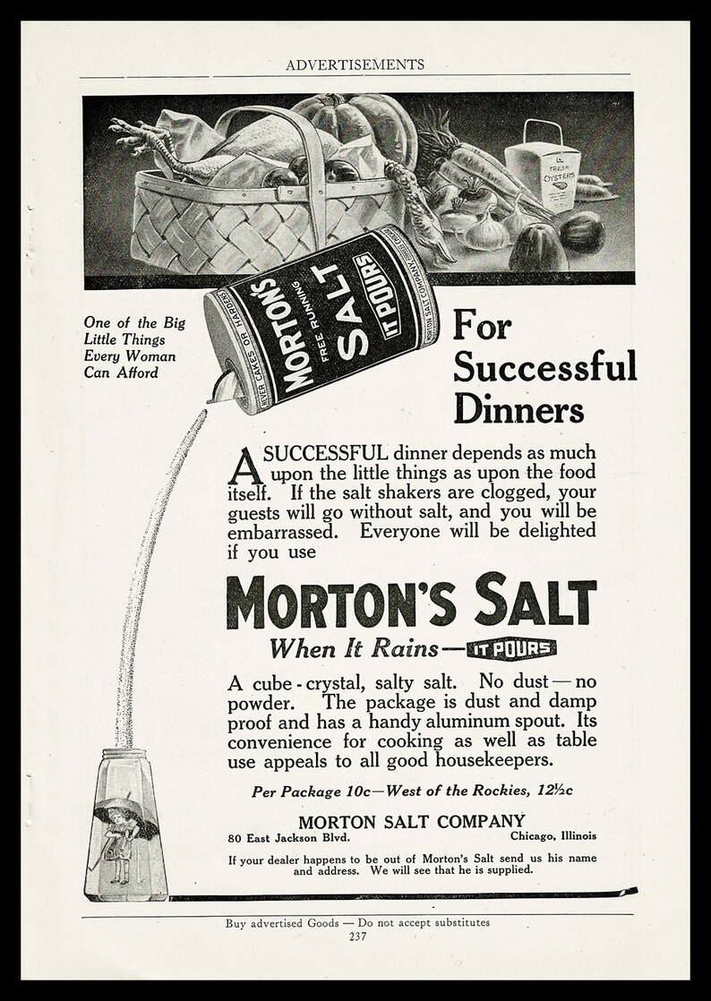 1920s Morton's Salt "successful Dinner" Magazine Ad, When It Rain It ...