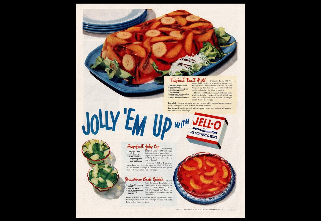 1949 Jello Gelatin Cool Desserts "jolly 'em Up" Magazine Ad, Jell-o ...