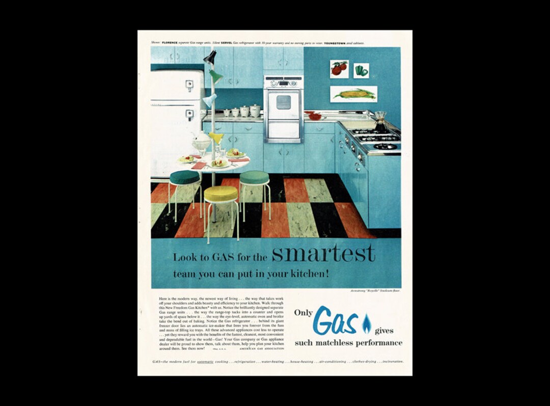 1955 Retro Kitchen Décor Magazine Ad, Gas Kitchen Appliances ...