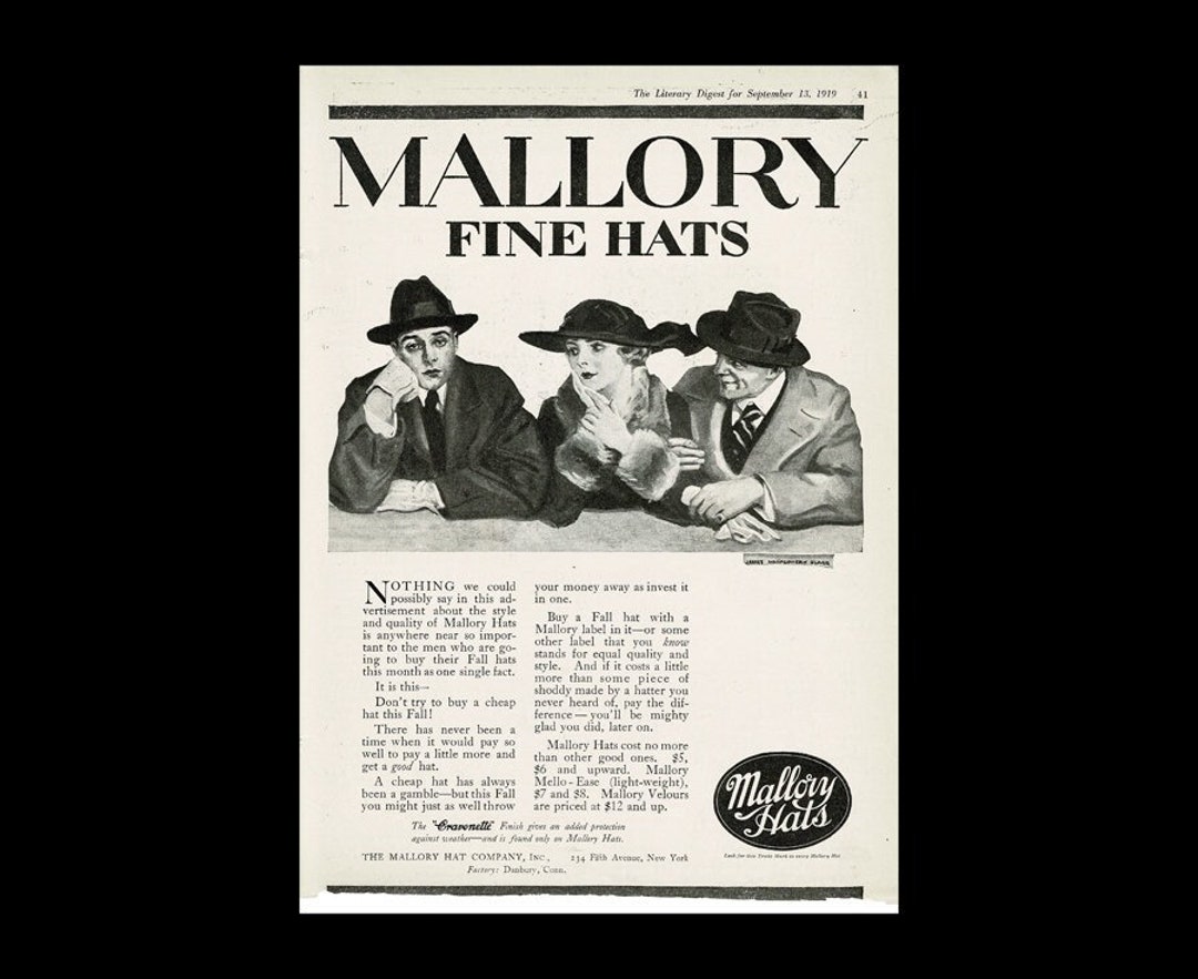 1919 Mallory Fine Hats Mens Fashion RARE Magazine Ad, Artwork by James ...