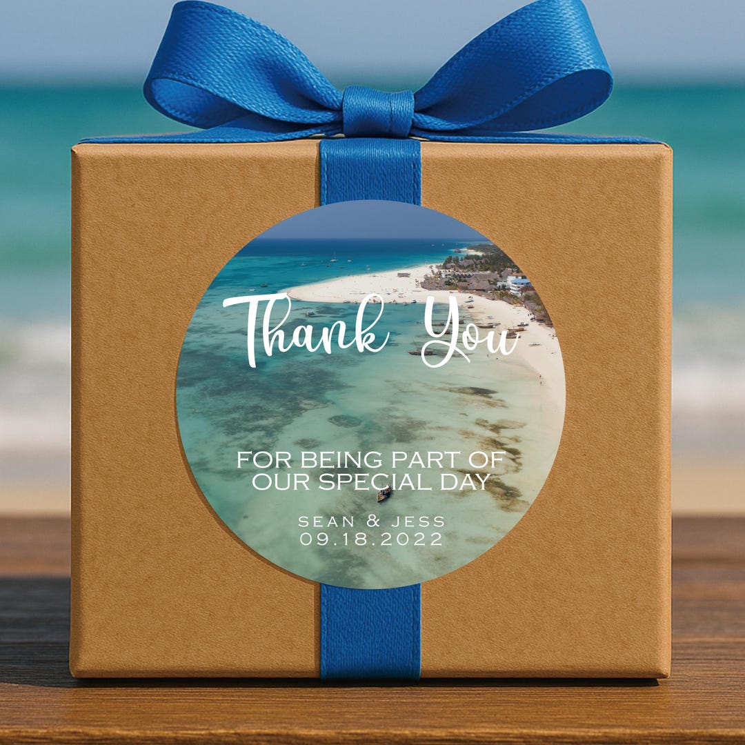 Beach Wedding Favor Stickers | Blue Oceanic Coastline Themed Favor Tags ...