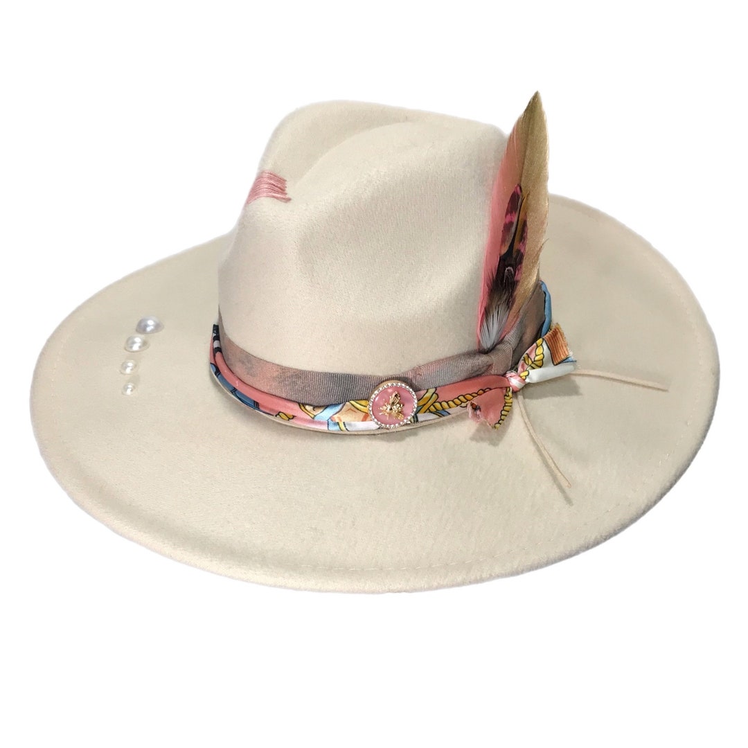 CAMINO Cream White Wide Brim Teardrop Dome Feather Fedora - Etsy