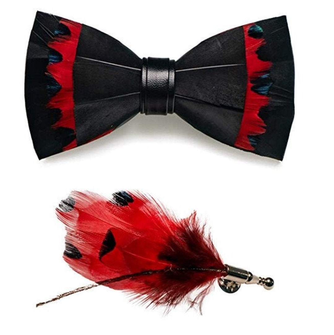 Black and Red Feather Bow Tie - Etsy