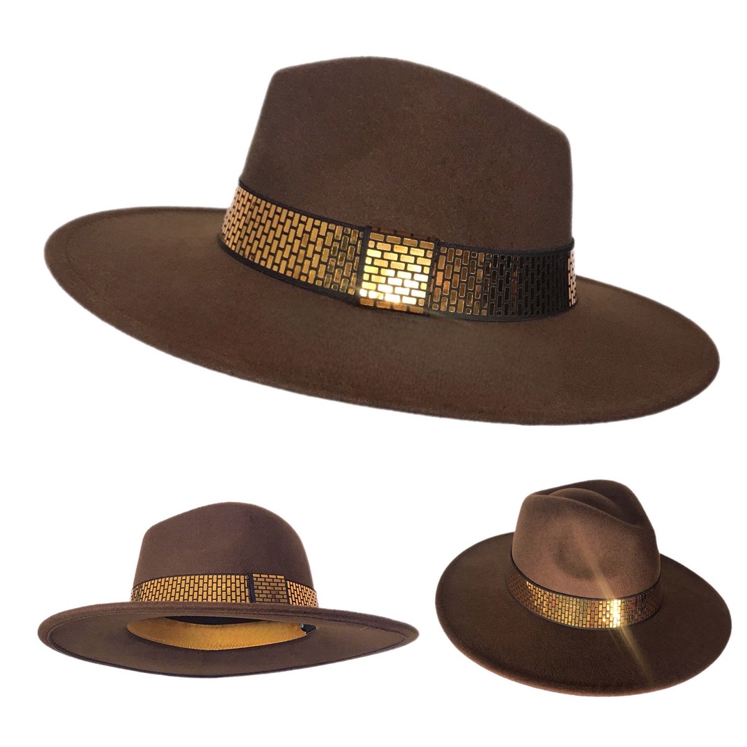 BRONZED Brown Wide Brim Teardrop Dome Fedora Hat With Gold Metallic ...