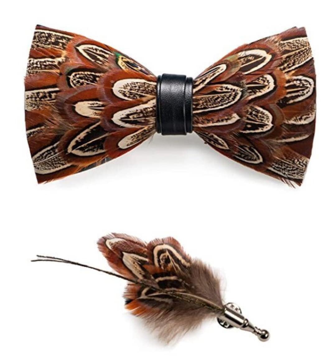Pecan Brown and Beige Feather Bow Tie and Pin Set child & Adult Size - Etsy