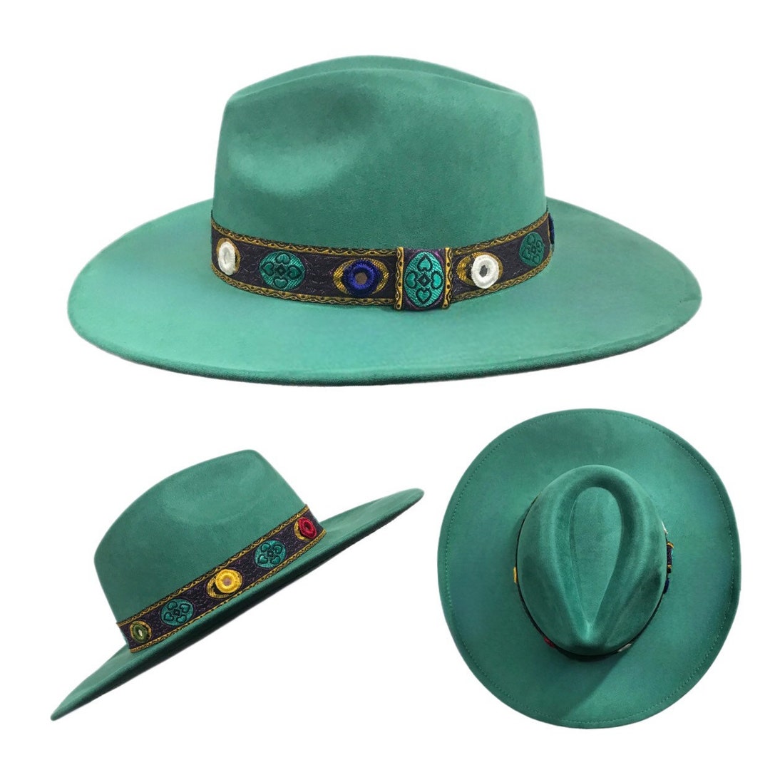 JADE Jade Green Suede Tear Drop Dome Wide Brim Fedora Hat With ...
