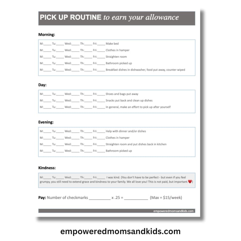 Pick up Routine for Weekly Allowance, Chore Chart, Middle School, Teens ...