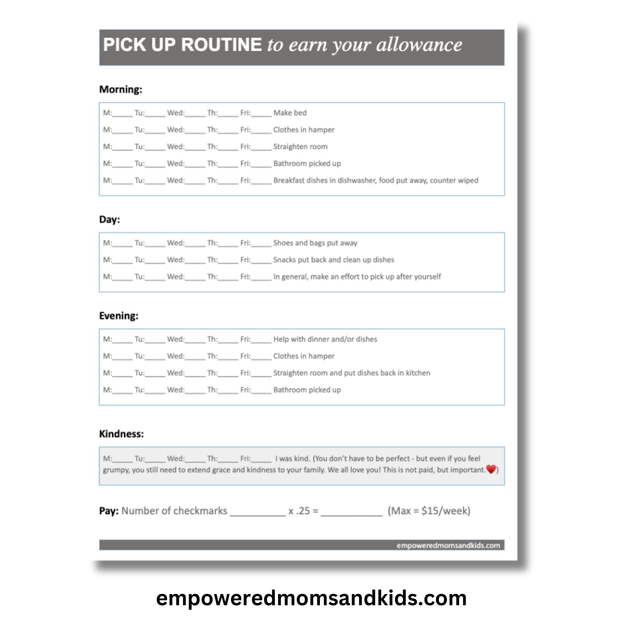 Pick up Routine for Weekly Allowance, Chore Chart, Middle School, Teens ...