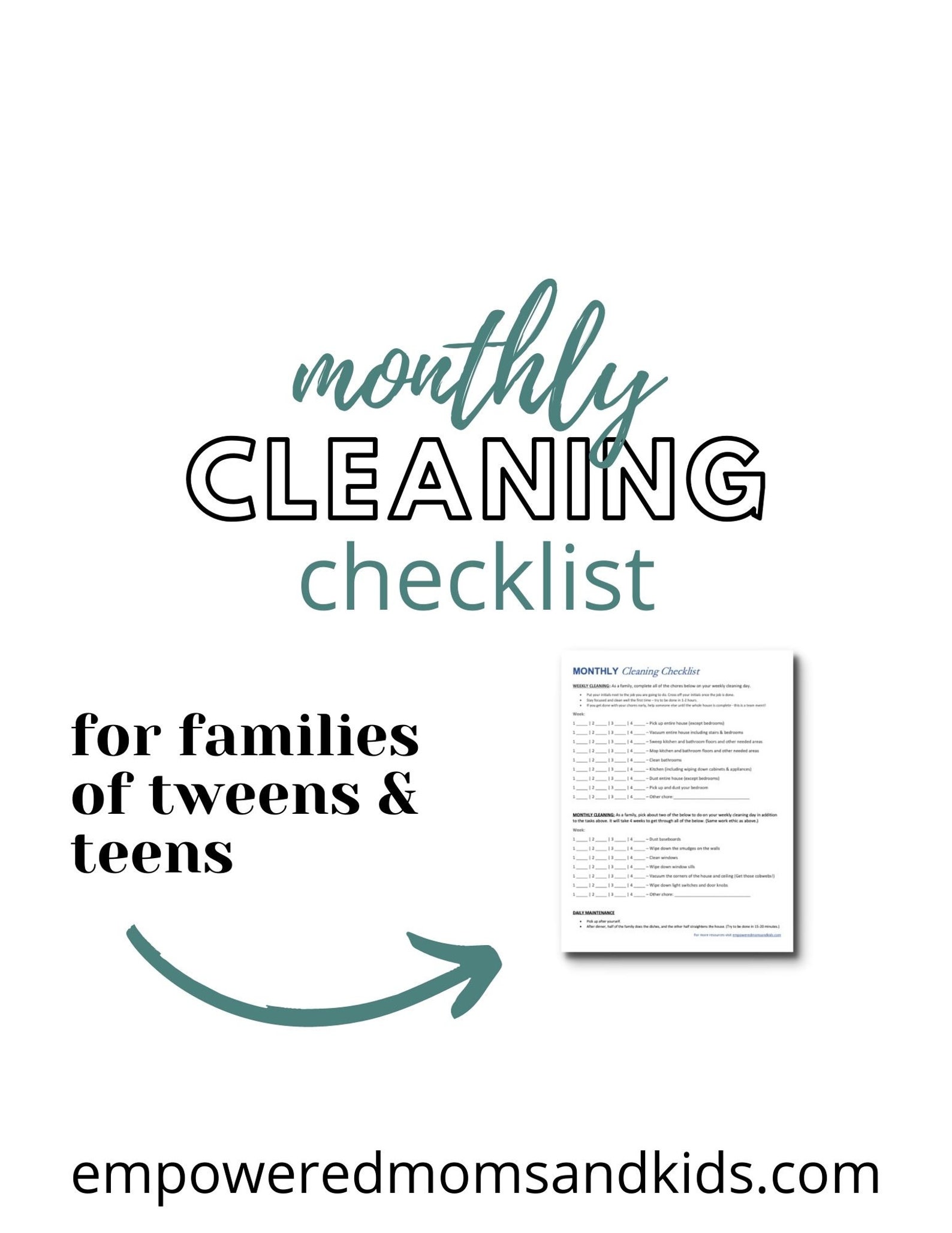 Monthly Family Cleaning Checklist (for Moms of Tweens/teens) - Etsy