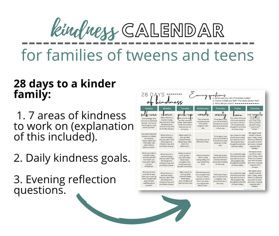Kindness Calendar for Families of Tweens and Teens - Etsy
