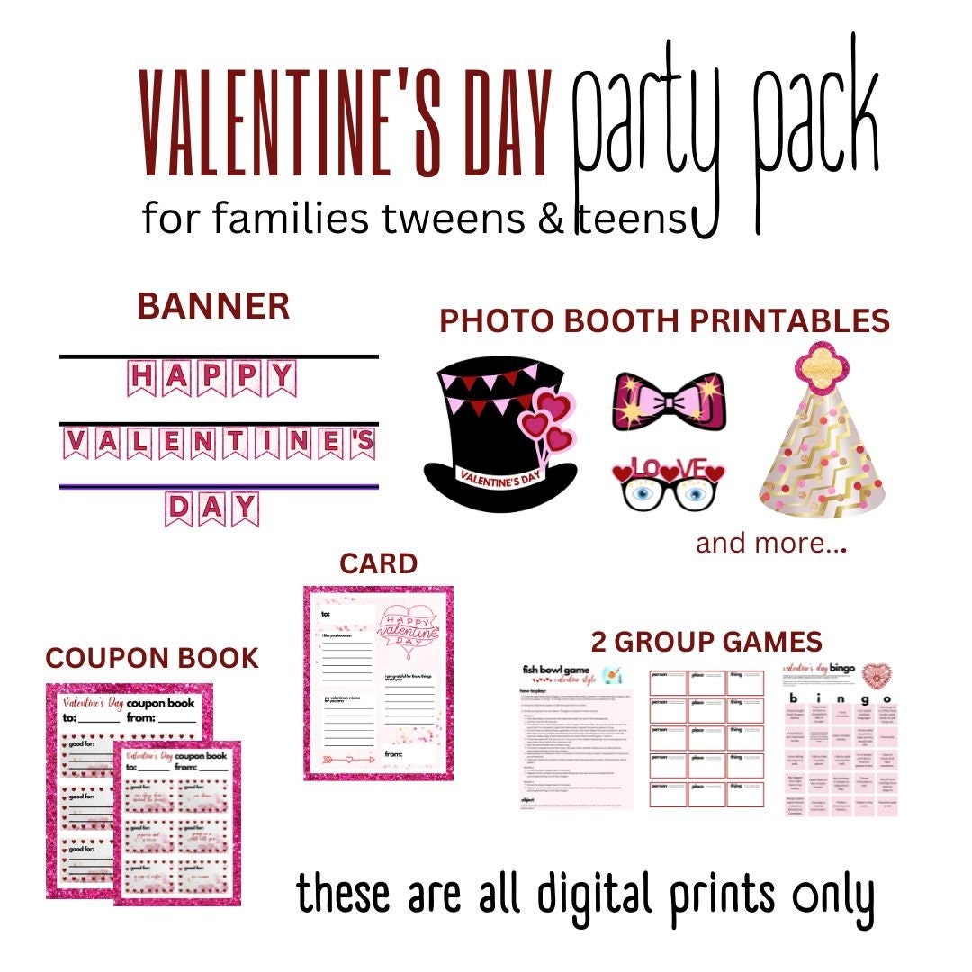 Valentine's Day Party Pack Printables | Banner, Photo Booth, Games ...