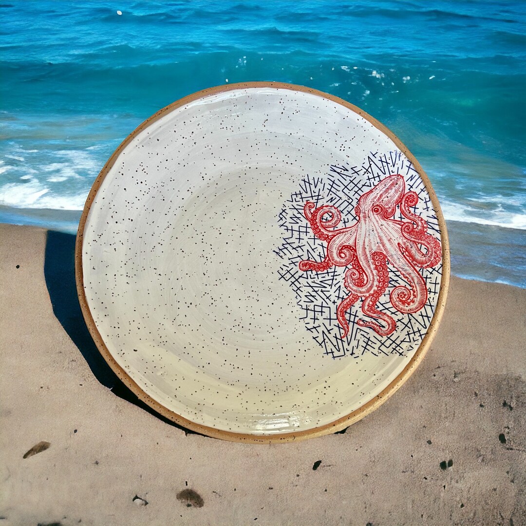 Octupus in Red Graphic Wheel Thrown Pottery Dinner Plate 10 - Etsy