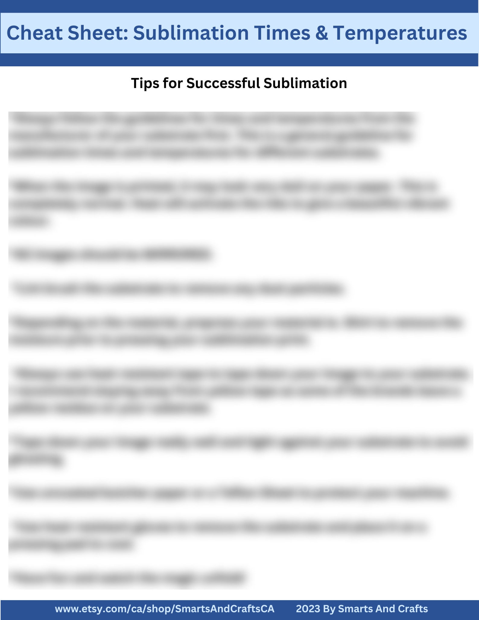 Sublimation Cheat Sheet With Times, Temperatures, Tips for 20 ...