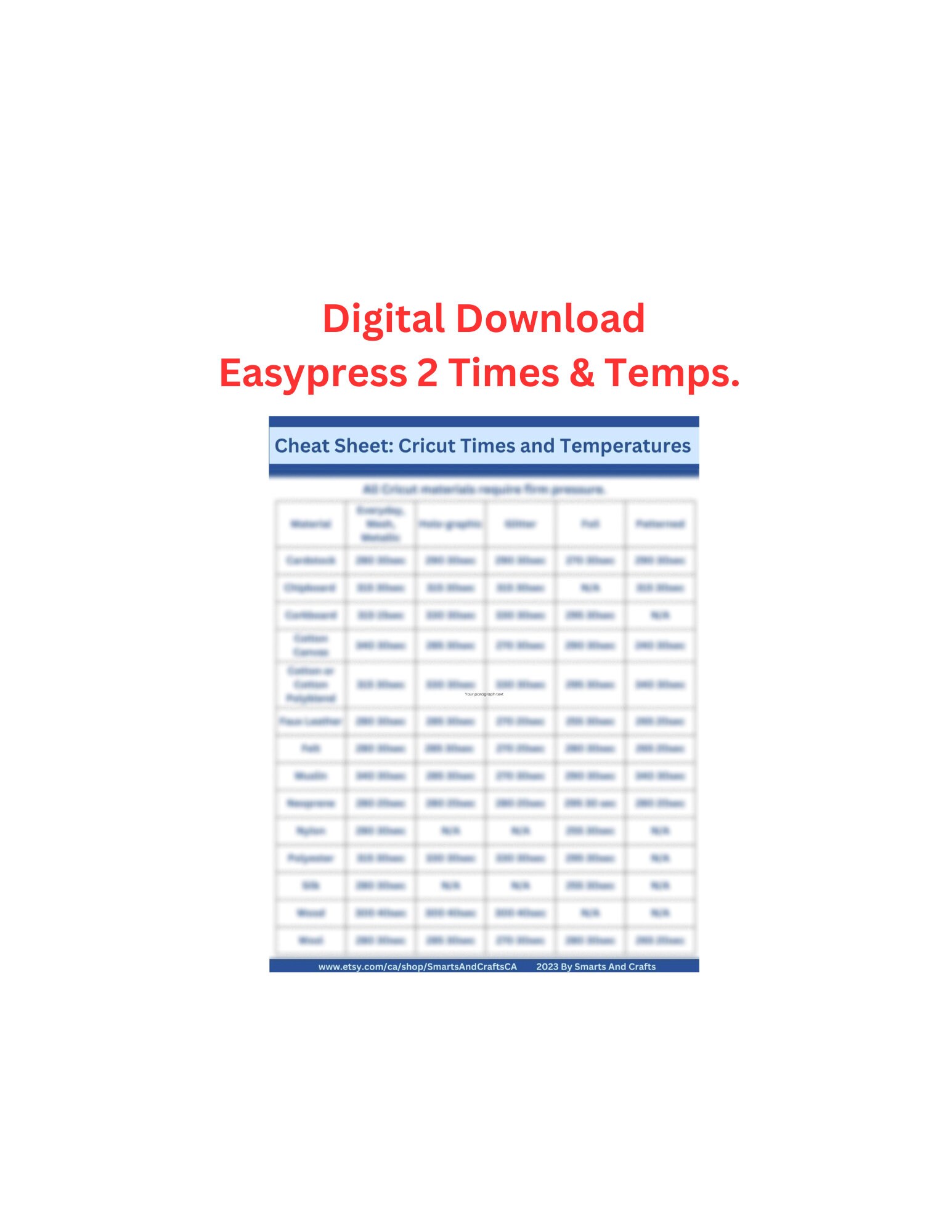 Cricut Cheat Sheet Easy Press 2 Heat Guide Easypress 2 Times - Etsy