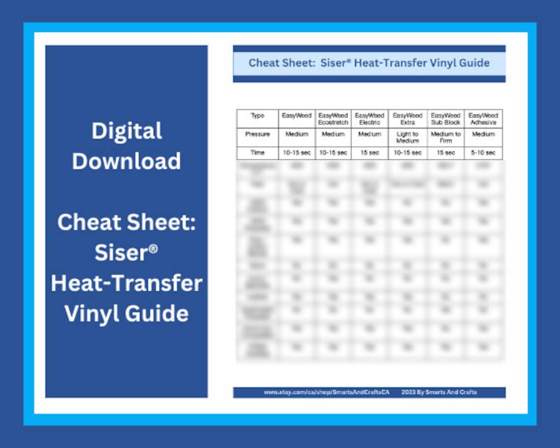Cheat Sheet Siser® Heat Transfer Guide Digital Download for HTV Printable HTV Settings Chart ...