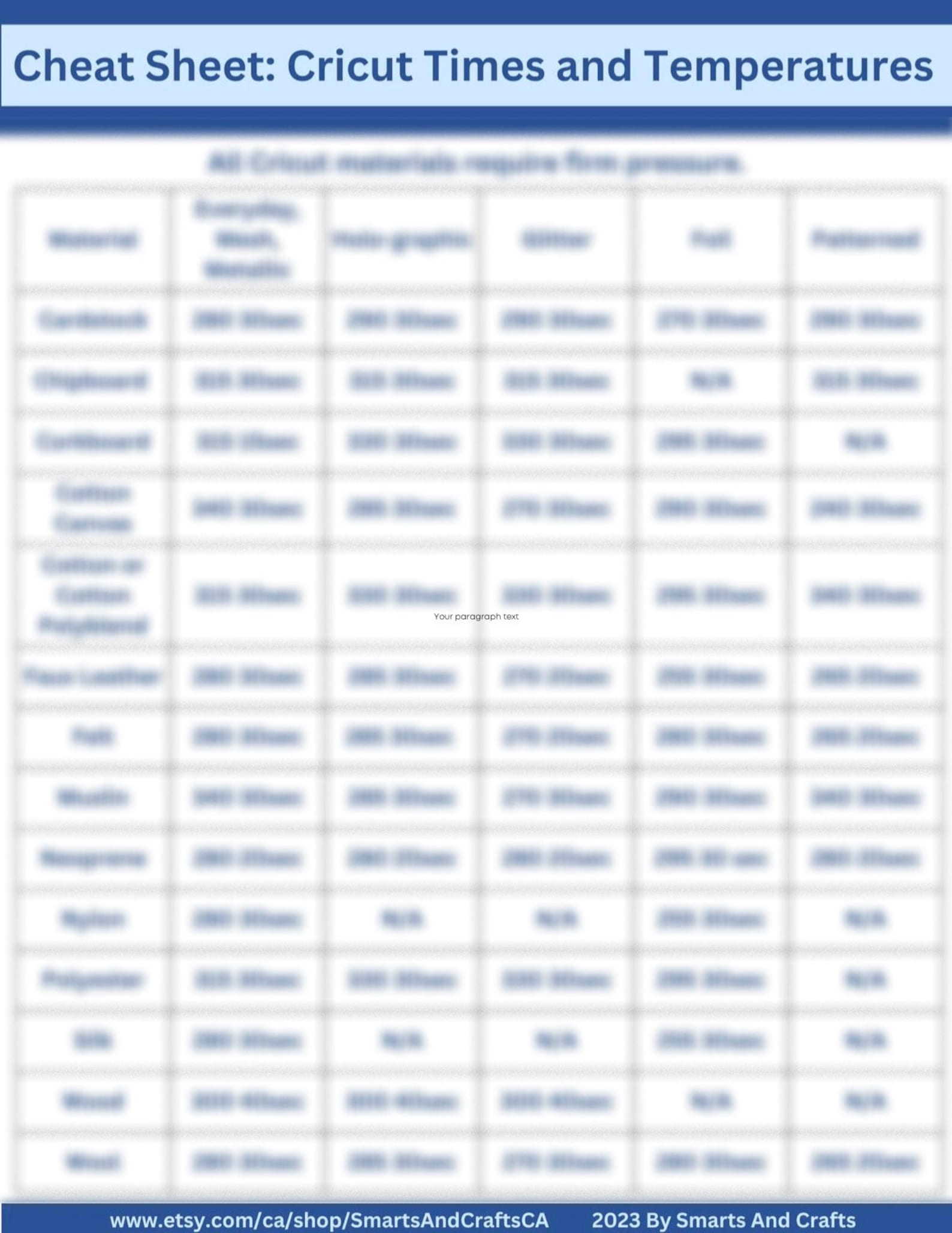 Cricut Cheat Sheet Easy Press 2 Heat Guide Times and Temperature Chart ...