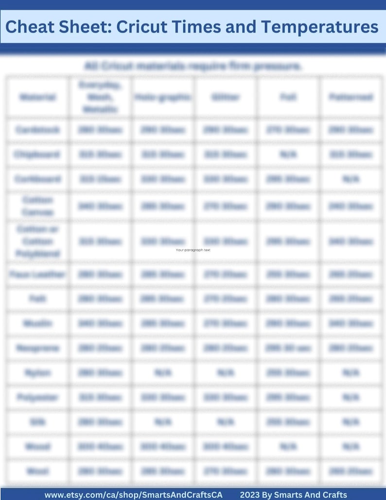Cricut Cheat Sheet Easy Press 2 Heat Guide Times and Temperature Chart ...