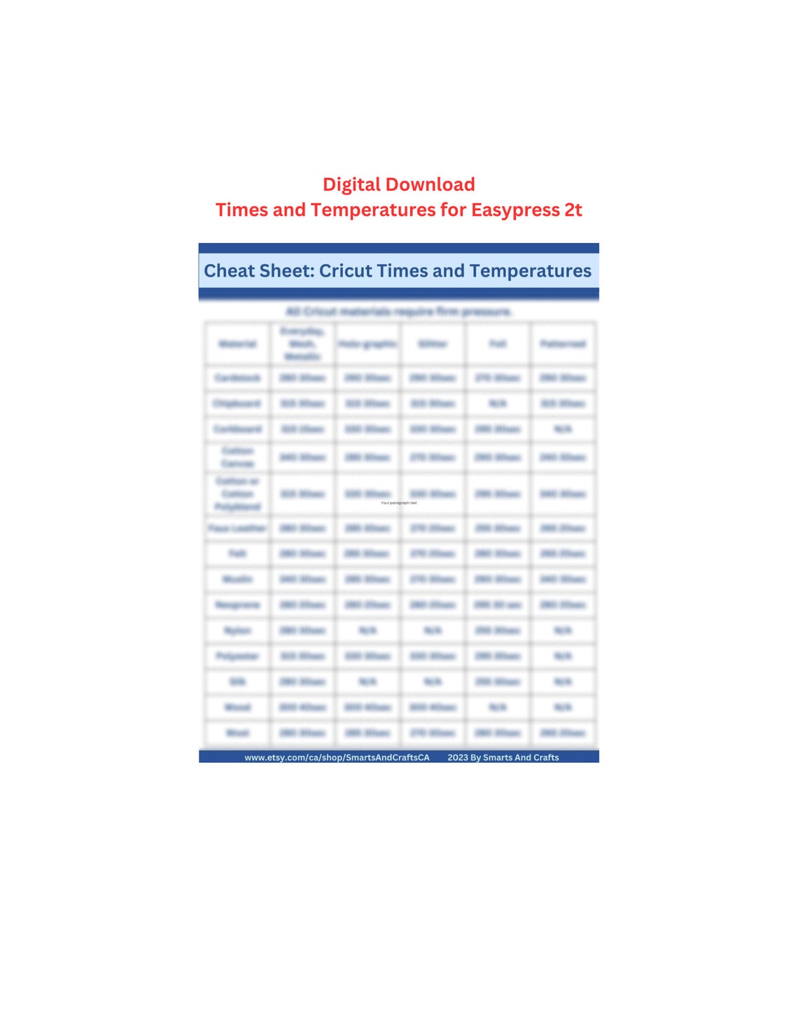 Cricut Cheat Sheet Easy Press 2 Heat Guide Easypress 2 Times - Etsy