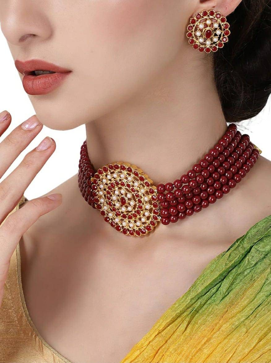 ZaaraArts Indian Choker Maroon Pearl Choker Necklace Indian Choker CZ Choker Indian Wedding Jewelry Sabyasachi Necklace Delicate Necklace