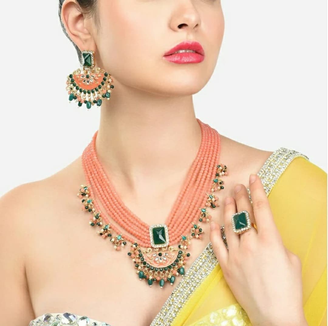 Emerald Green & Peach Choker Necklace Set - Indian Jewelry - Indian ...