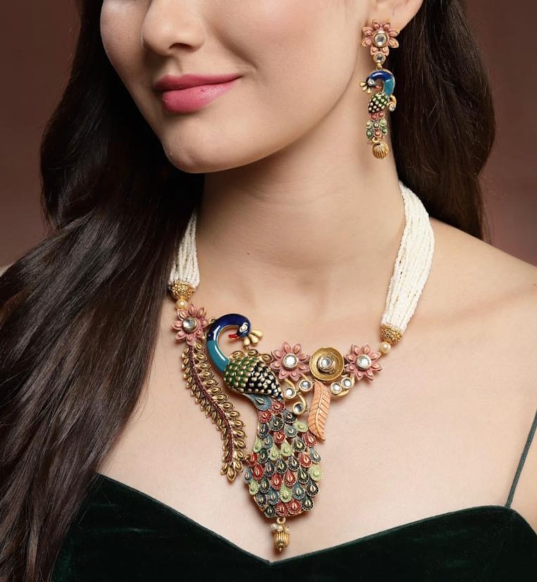 Long Meenakari Peacock Necklace Set, Indian Necklace, Matar Mala, One ...