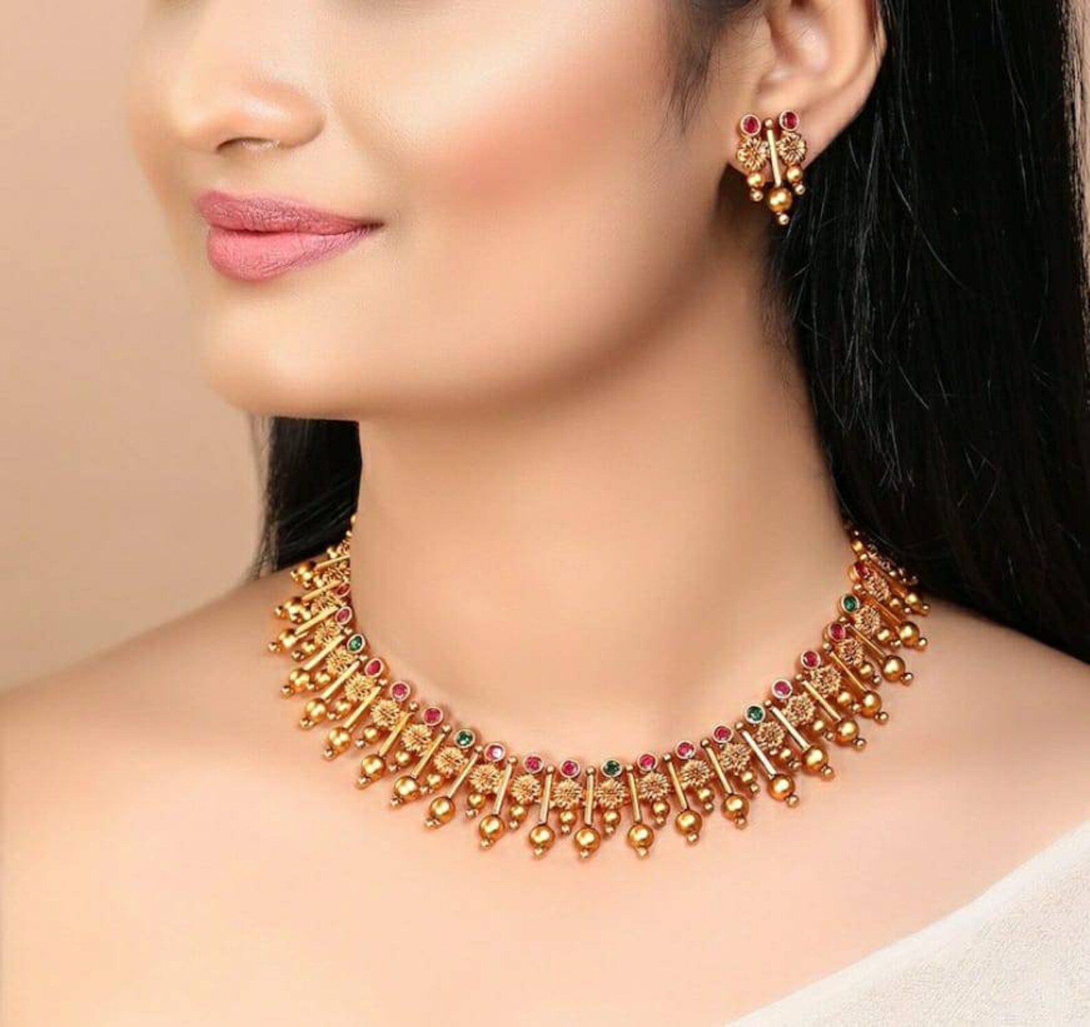 Gold Necklace Indian Gold Necklace Set Indian Choker Pearl - Etsy
