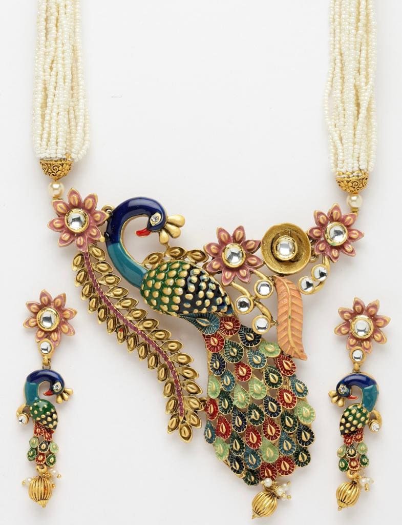 Long Meenakari Peacock Necklace Set, Indian Necklace, Matar Mala, One ...