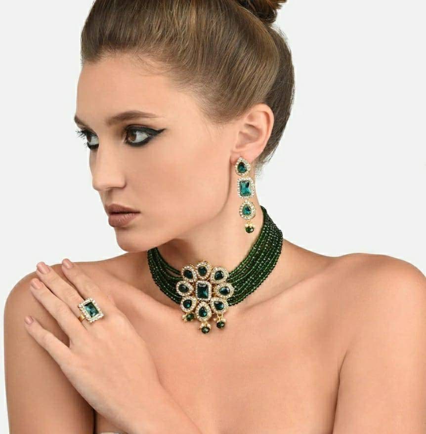 Emerald Green Choker Necklace Set - Indian Jewelry - Indian Necklace ...