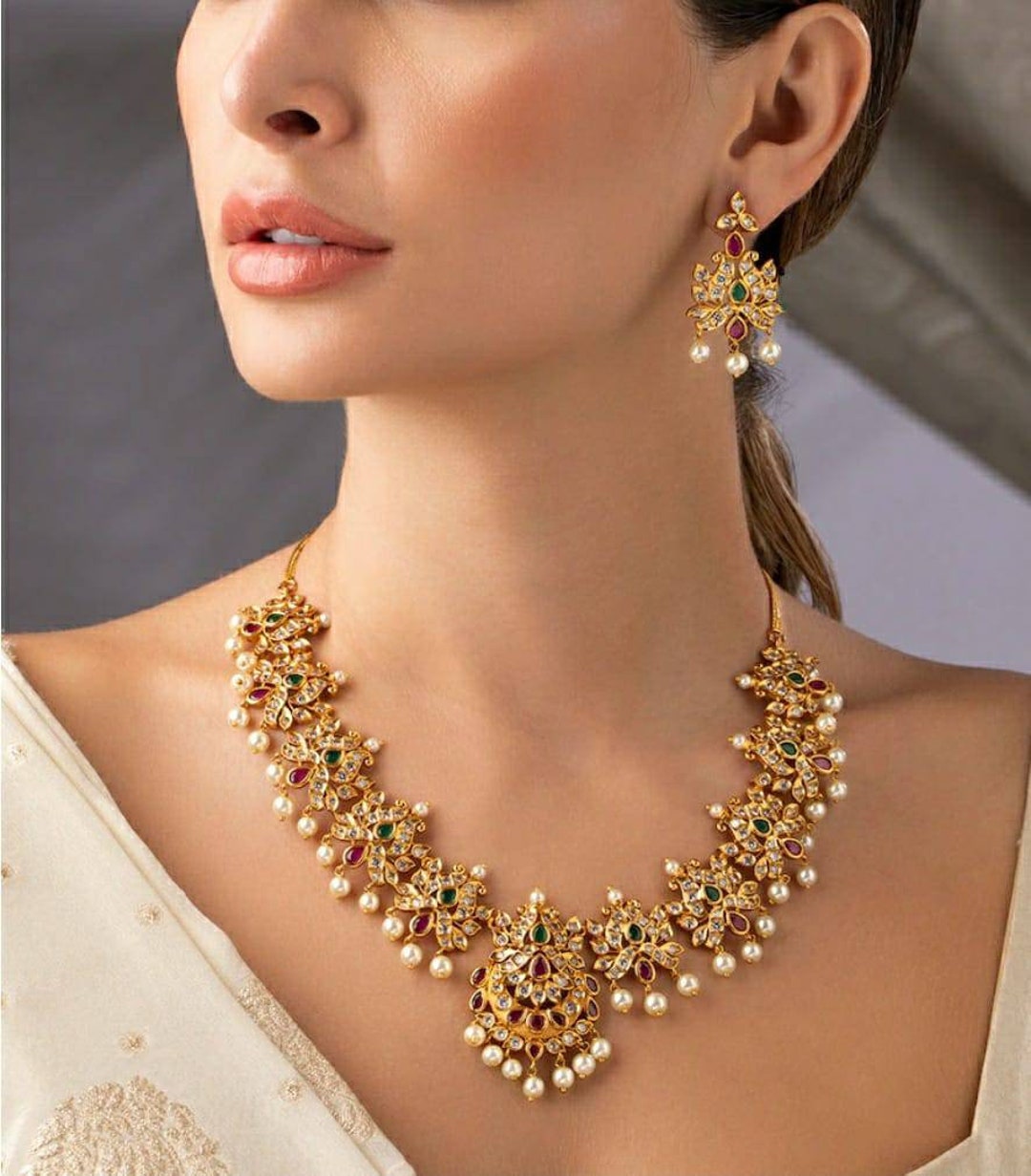 Antique Gold Plated Indian Jewelry Set, Indian Choker, Pearl Necklace ...