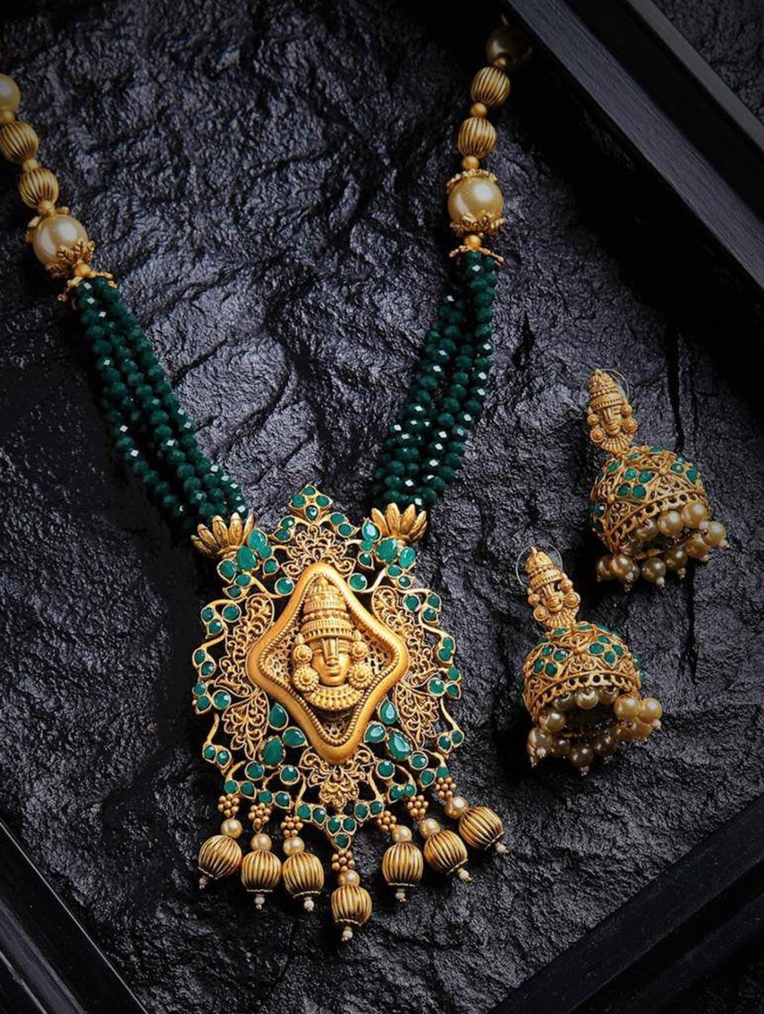 Antique Temple Jewelry Set, Indian Jewelry, Green Temple Necklace ...