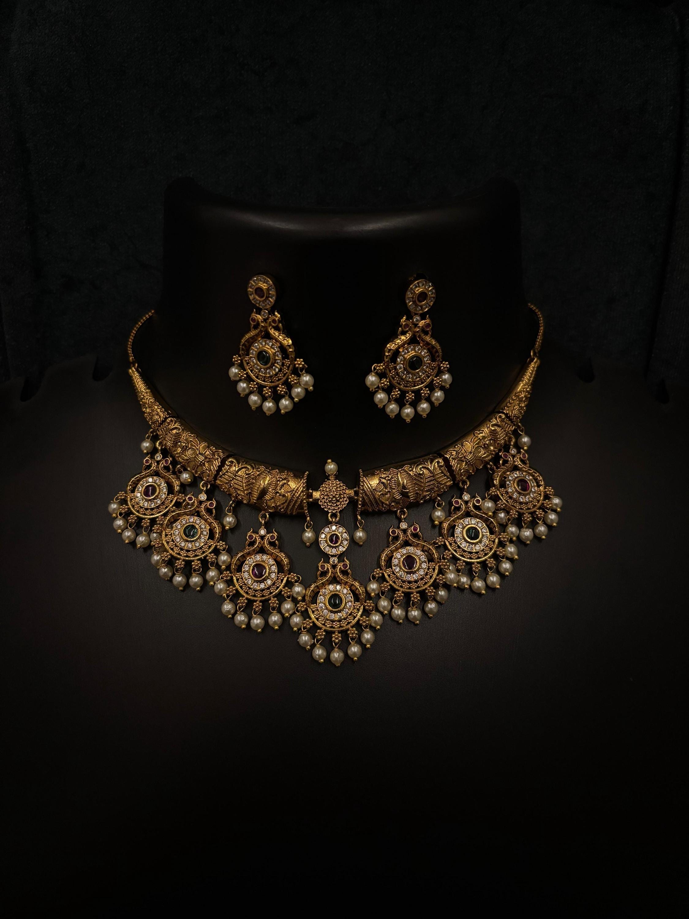 Antique Gold Plated Indian Jewelry Set, Indian Choker, CZ Necklace ...