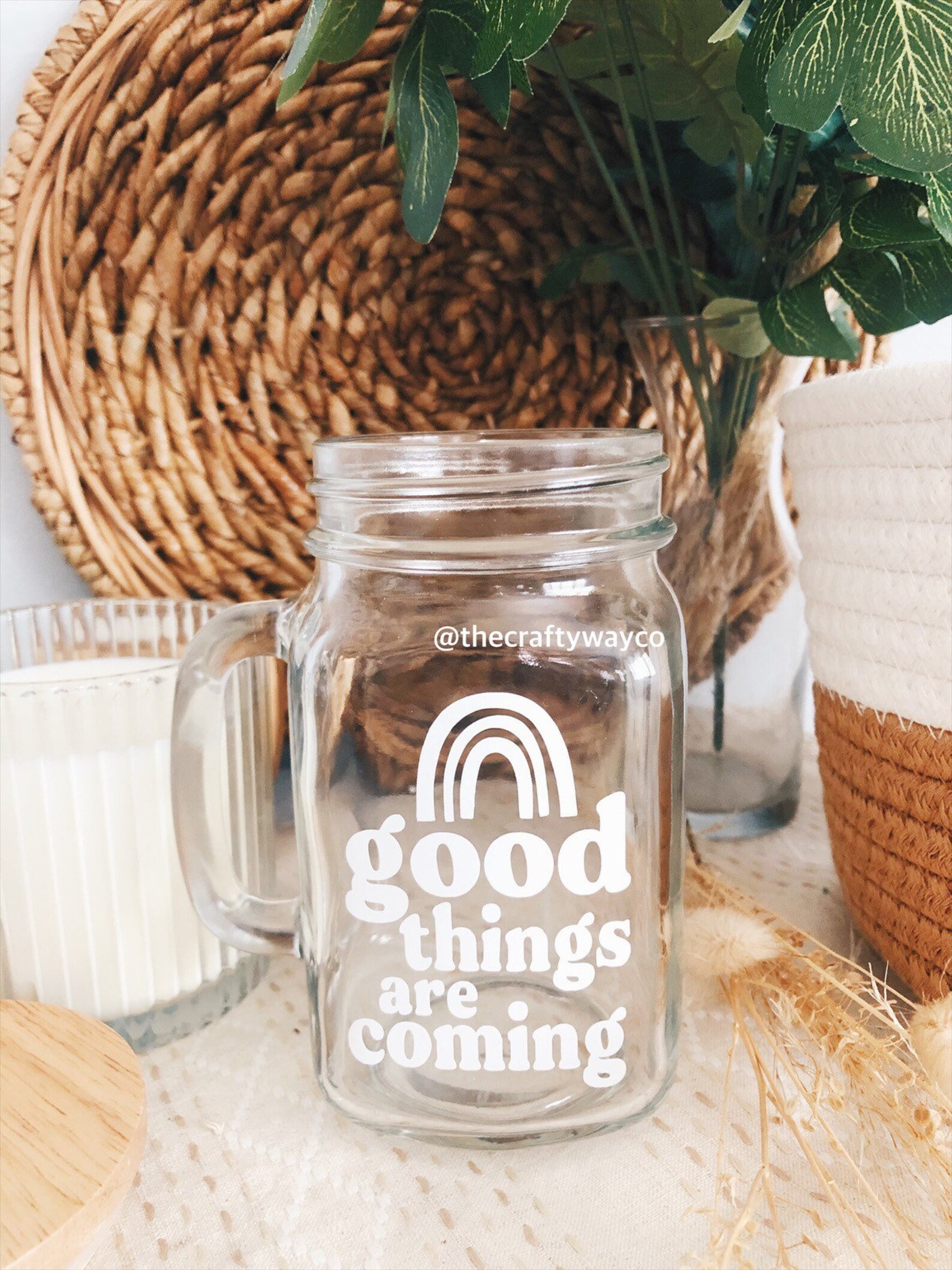 Mason Jar Cup + Handle | Boho Mug |mason Drinking Jar | Good Things Are ...