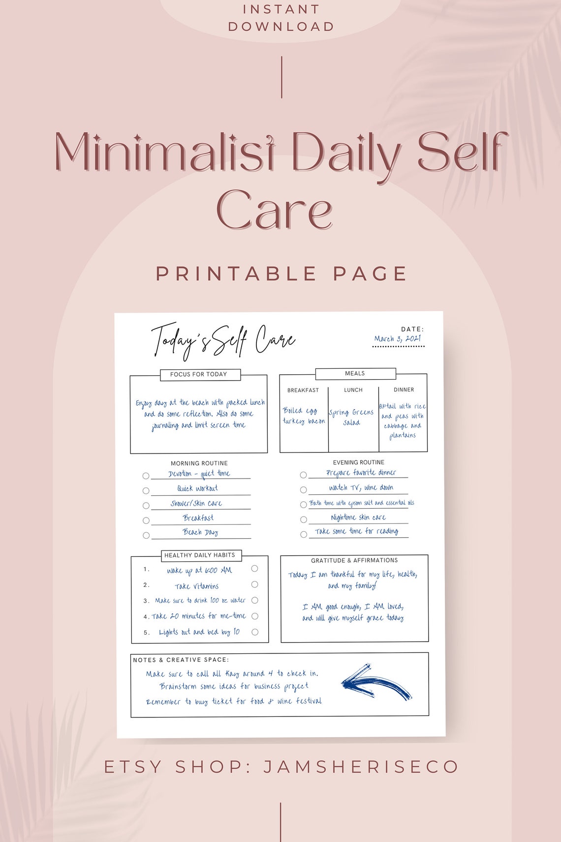 Daily Self Care Printable With Daily Habit & Routine Checklist - Etsy