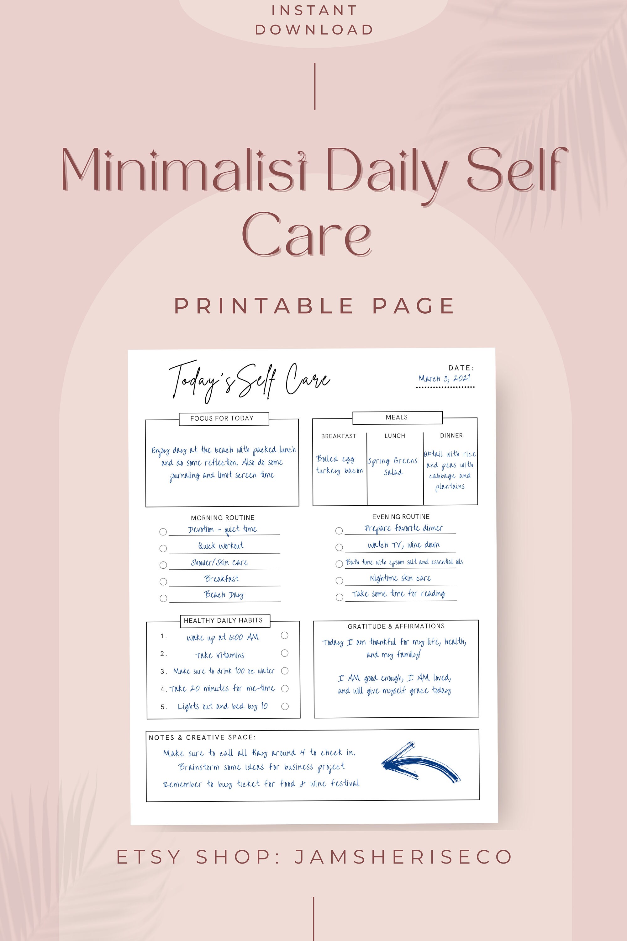 Daily Self Care Printable With Daily Habit & Routine Checklist - Etsy