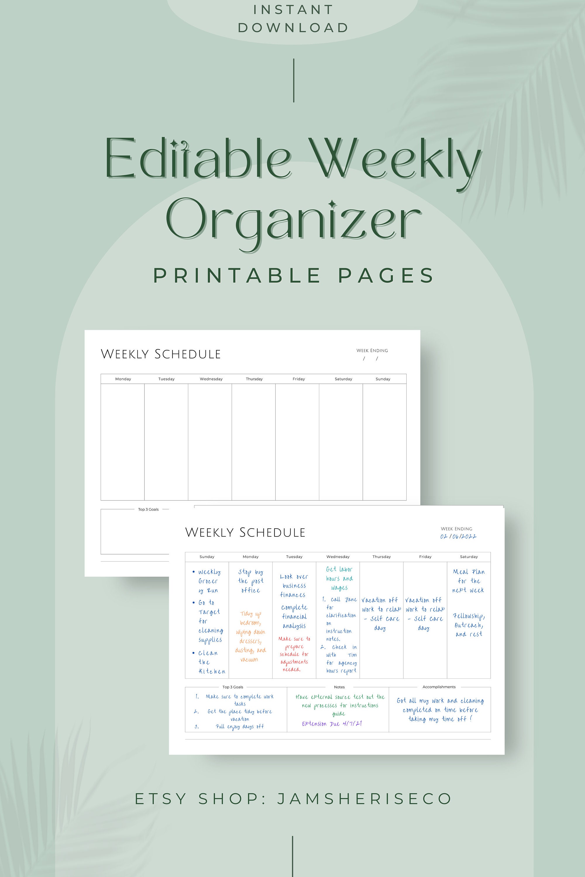 Editable Weekly Planner Template With Monday and Sunday Start. Week at ...