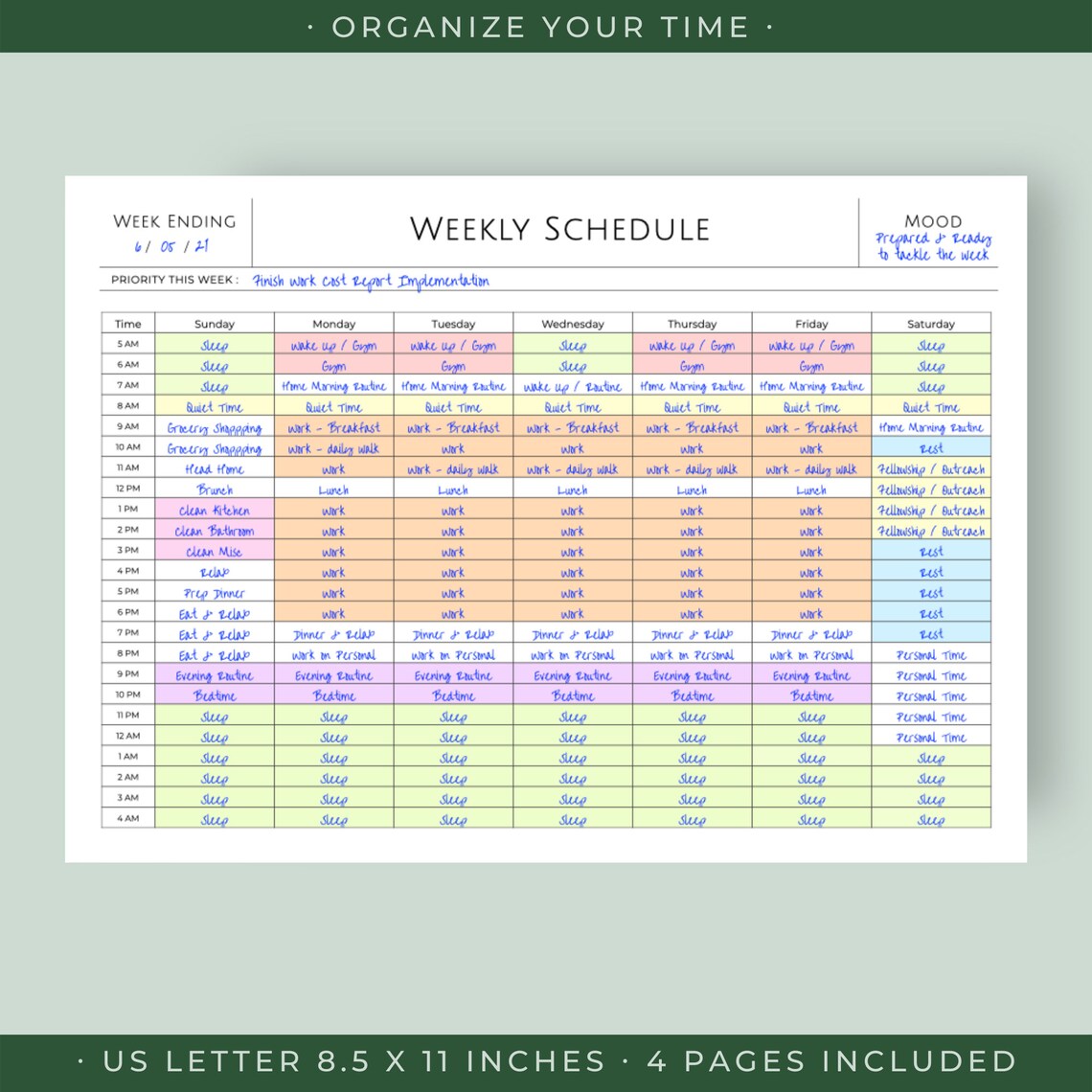 Weekly Time Blocking Schedule Printable Pages. Hourly Planner Template ...