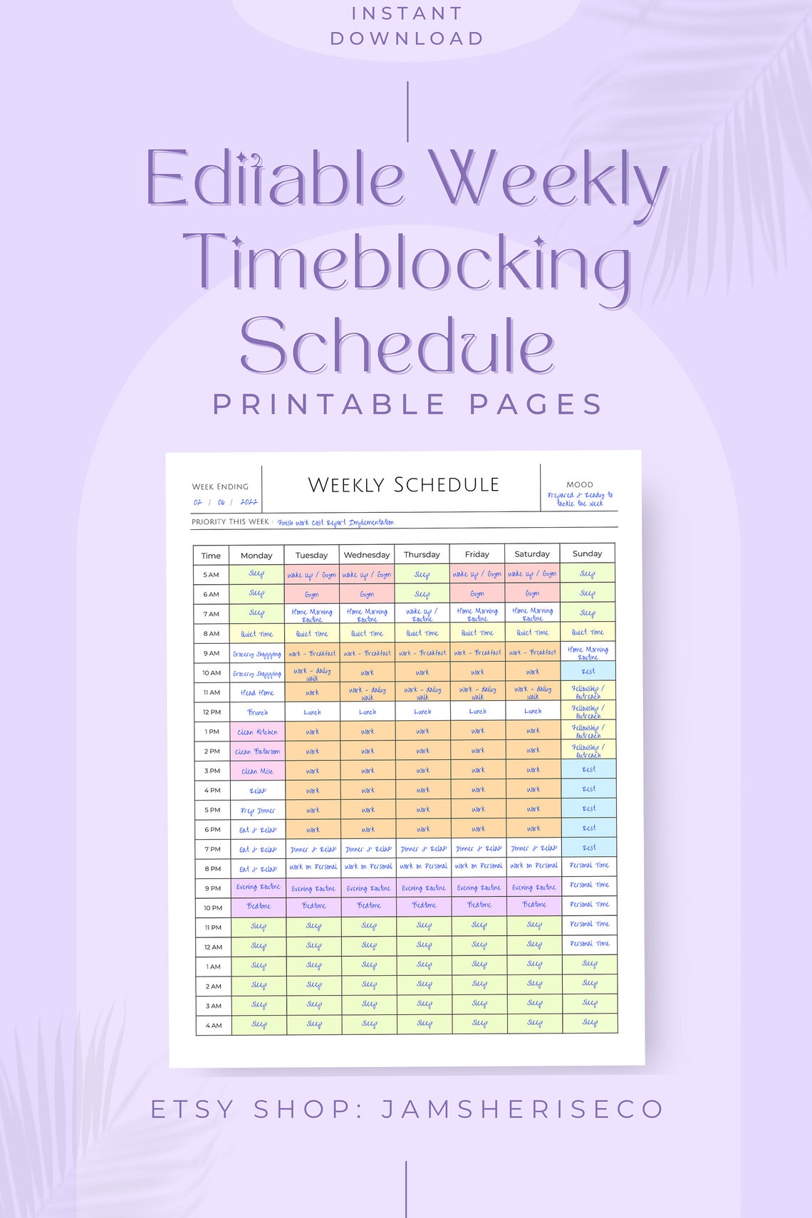Editable Weekly Time Blocking Schedule Printable Pages. Hourly - Etsy