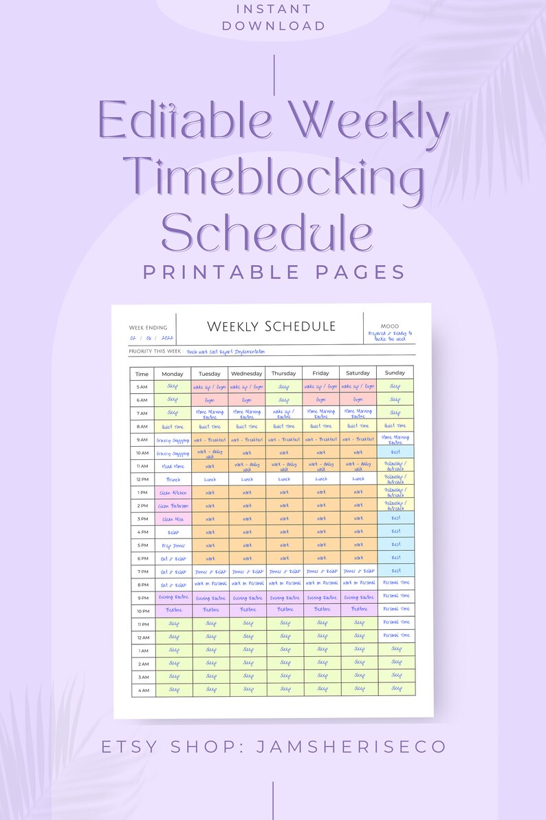 Editable Weekly Time Blocking Schedule Printable Pages. Hourly Planner ...