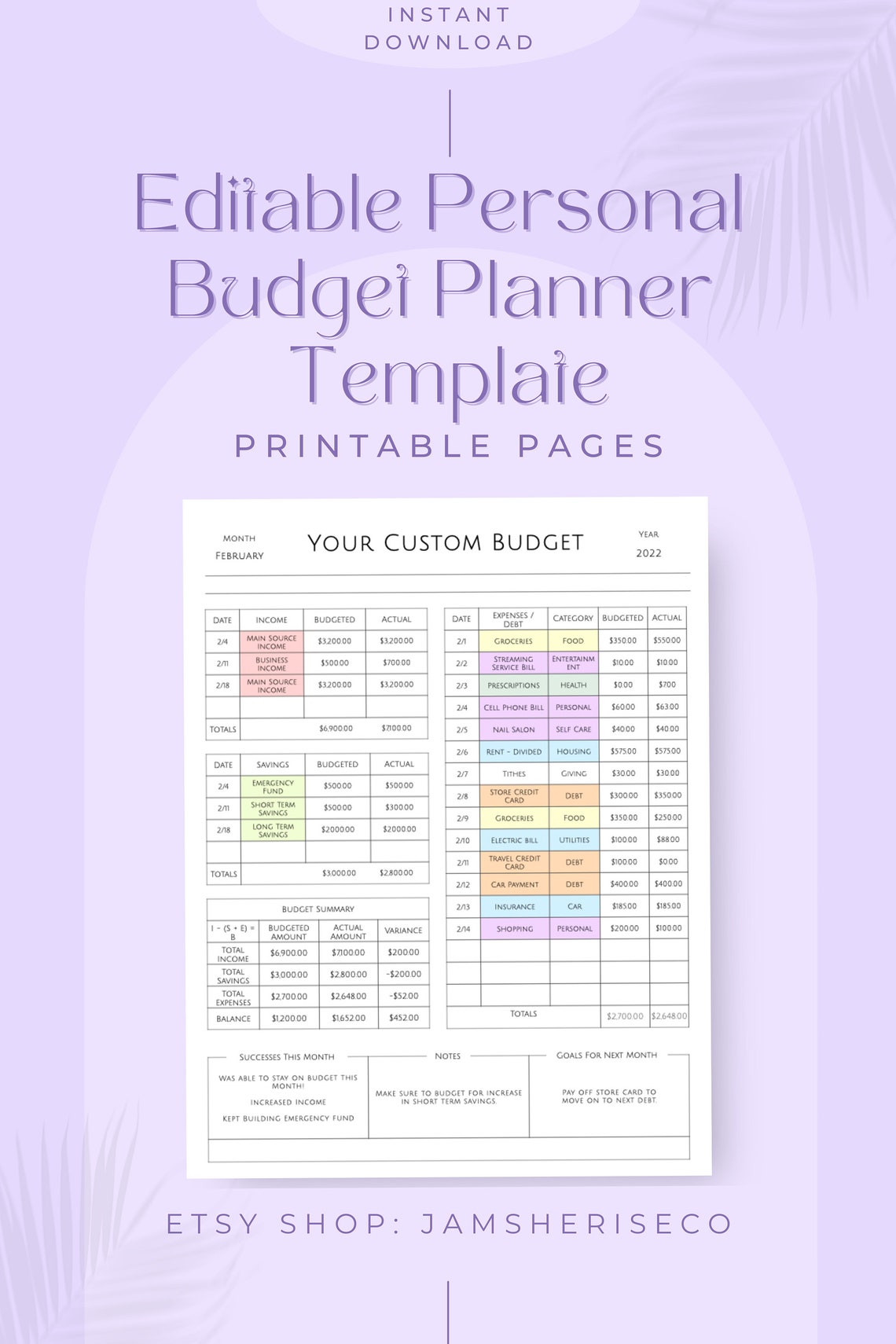 Editable Monthly Budget Template With Automatic Calculated Fields ...