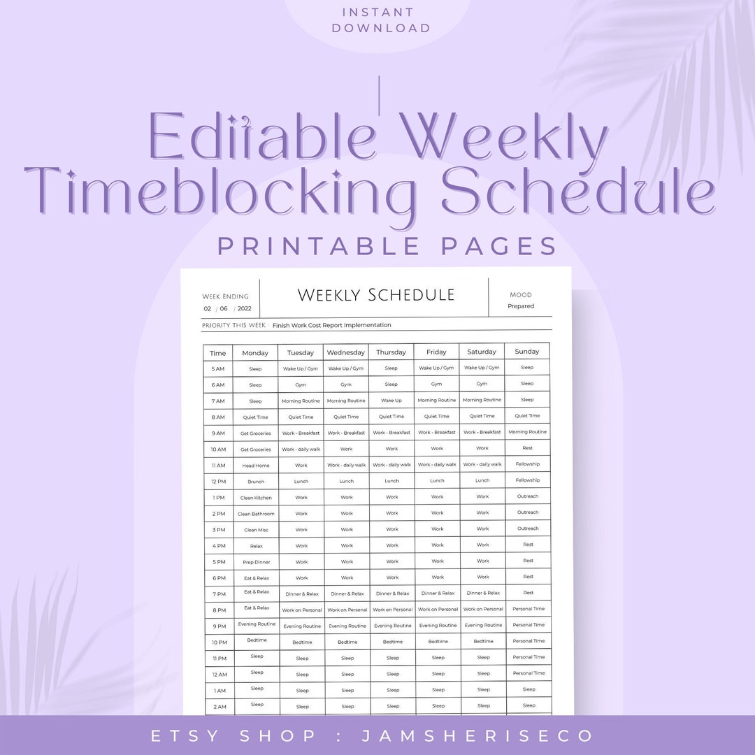 Editable Weekly Time Blocking Schedule Printable Pages. Hourly Planner ...