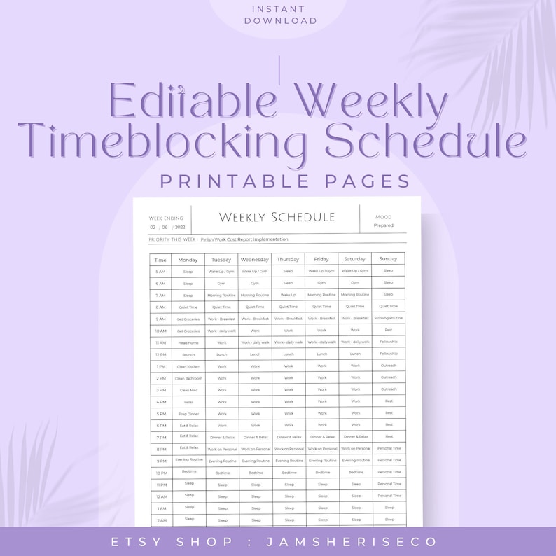 Editable Weekly Time Blocking Schedule Printable Pages. Hourly Planner ...