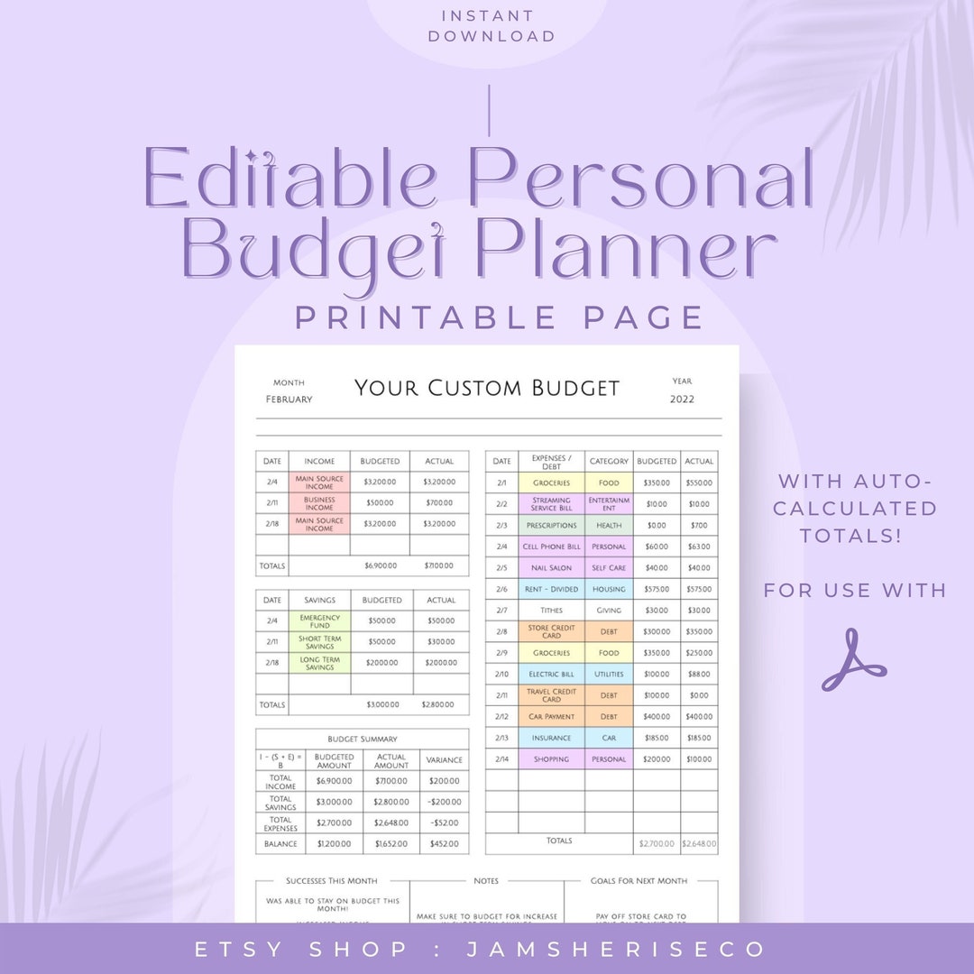 Editable Monthly Budget Template With Automatic Calculated Fields ...